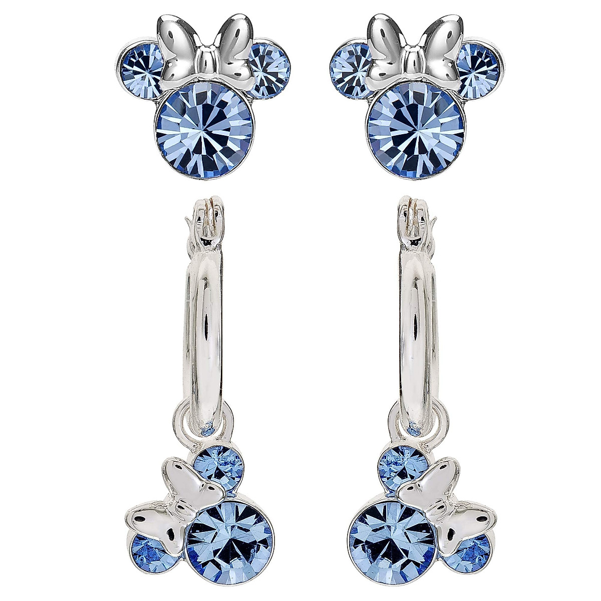 Disney Minnie Mouse December Birthstone Jewelry Set with Silver Plated Light Sapphire Crystal Stud Earrings and Hoop Earrings