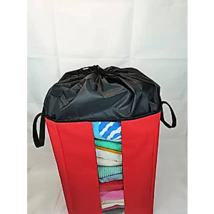 CYIRAN Visible Large Capacity Clothes Storage Bag Organizer with Handle Thick Fabric Foldable Drawstring Closure Water-Proof Storage Hamper Laundry Basket (Red, Visible)