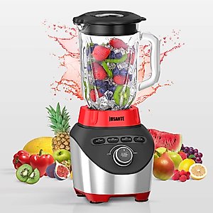 JUSANTE Blender, Countertop Blender for Smoothies with 64 oz Glass Jar Kitchen, 1200 Watts High Speed Juicer Blender Ice Crusher for Shakes Frozen Drinks (Red)