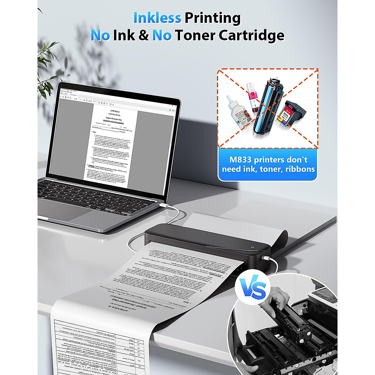 Memoking Portable Printer for Travel, Bluetooth Thermal Printer Support 8.5" X 11" US Letter & A4 Size Thermal Paper, Inkless Printer Compatible with iOS, Android & Laptop for Office, Home, School