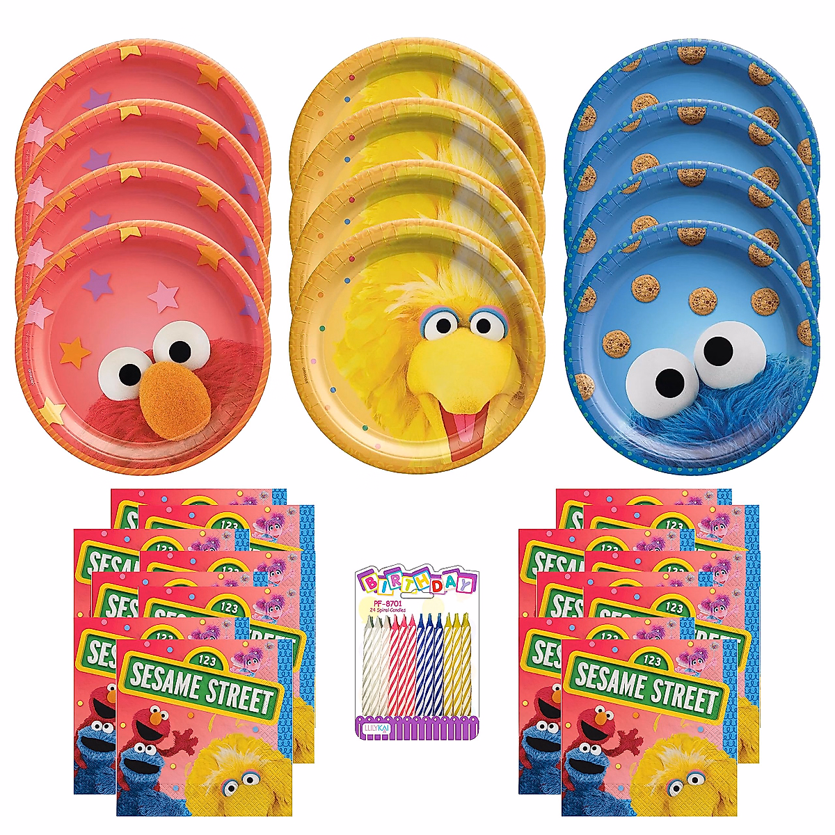 Sesame Street Party Supplies Pack Serves 16 Guest: Assorted 7" Plates and Beverage Napkins - Includes Birthday Candles (Bundle for 16)