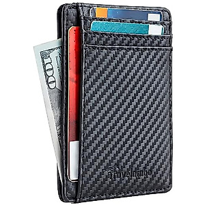 Travelambo Front Pocket Minimalist Leather Slim Wallet RFID Blocking Carbon Fiber Texture(Black)