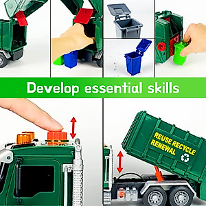 MOBIUS Toys Garbage Truck Toy – Recycling Vehicle for Boys with 3 Garbage Cans + 48 Flash Cards – Push & Go, Lights & Sounds – Multi-Functional Trash Truck w/Moving Parts for Ages 3-8