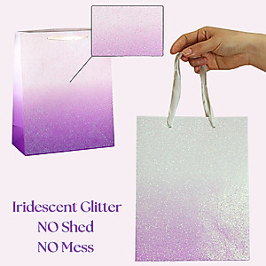 UNIQOOO 12Pcs Ombre Purple Gift Bags Bulk w/ 24 Tissue Paper, 9 x 7 x 4 In, Gradient Pastel Glitter Paper Gift Wrap Bag, Recyclable Gift Packaging for Wedding Birthday Mother's Day Baby Shower Party Favor Décor