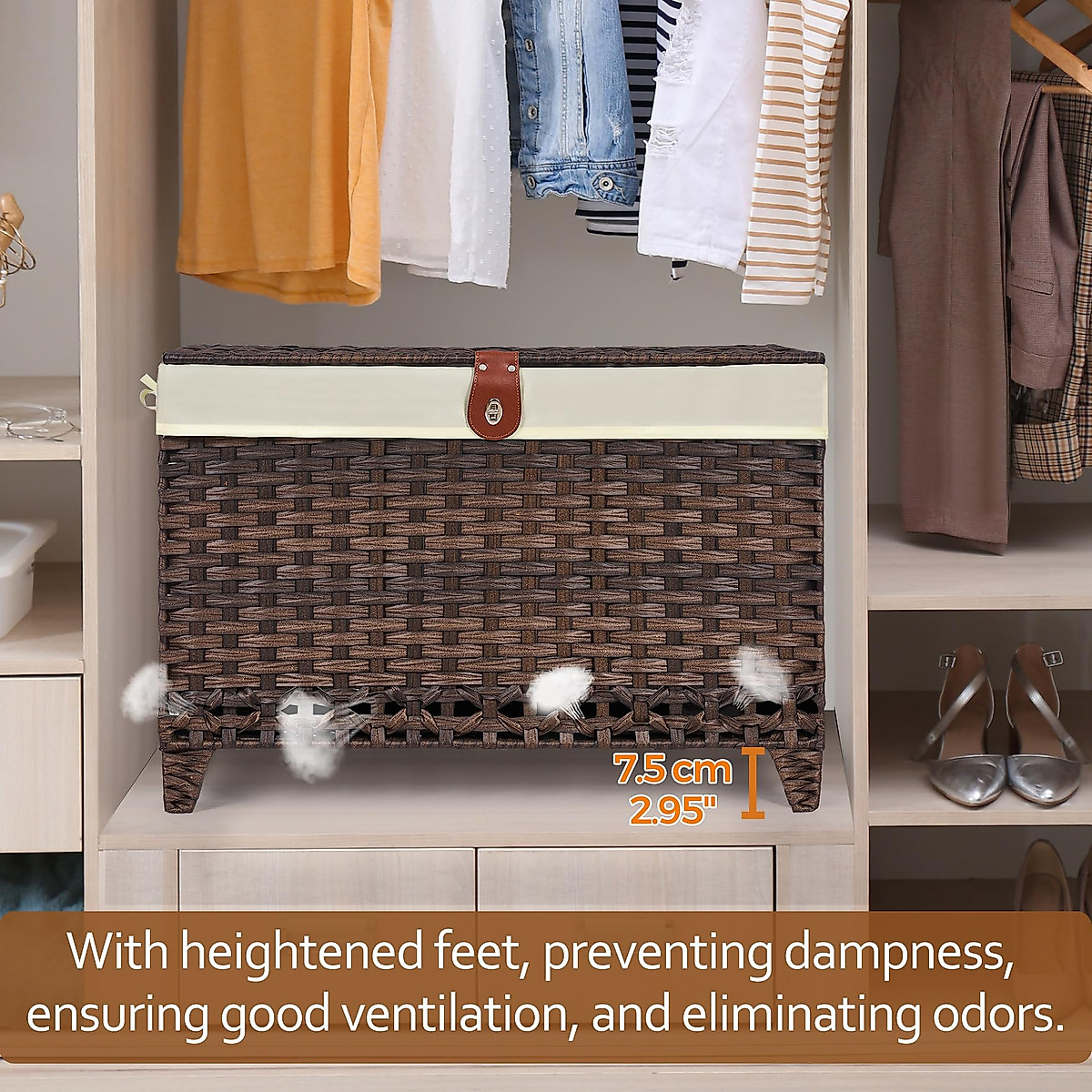 Honjourai Wicker Storage Basket with Lid,Rattan Shelf Basket with Removable Liner Bag,160L Storage Bin,Storage Trunk with Heightened Feet,Storage Container for Wardrobe,Home Organizer