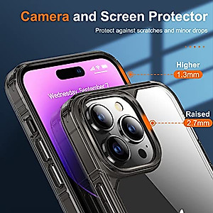 UniqueMe [5 in 1 Design for iPhone 14 Pro Max 6.7 inch Case, 2 Pack Screen Protector Tempered Glass + 2 Pack Camera Lens Protector, [Non-Yellowing] Shockproof Protective Cover - Clear Black