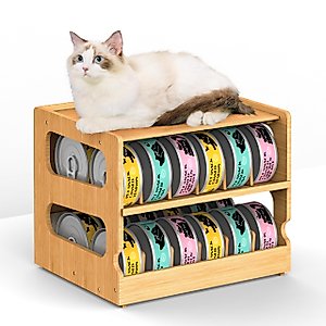 Teamkio Can Organizer for Pantry, Bamboo Pantry Organizer, 2 Tier Stackable Can Storage Rack Ideal for 36 Human and Pet Food Cans(FIFO)