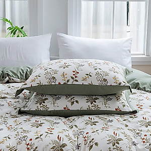 Floral Duvet Cover Queen Size - White Yellow Flowers and Green Leaf Spring Botanical Printed Microfiber Comforter Cover Set - 3PC 90X90 Soft and Lightweight Quilt Cover, Farmhouse Style for Women Men