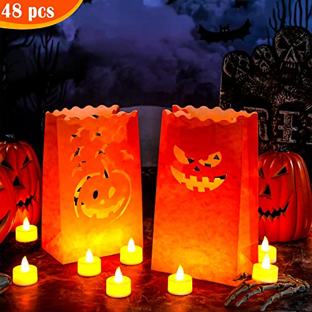 48 Pcs Halloween Luminary Bags with LED Light Candles Set 24 Pcs Halloween Flame Resistant Candle Bags 24 Pcs LED Light Candles Halloween Pumpkin Ghost Decor Luminary Bags for Outdoor Patio Front door