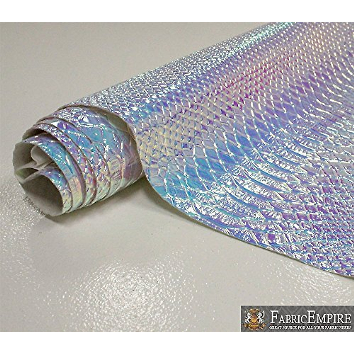 Fabric Empire Vinyl Upholstery Embossed Snake Holographic Glossy Fabric Light Blue 54" Wide Sold by The Yard