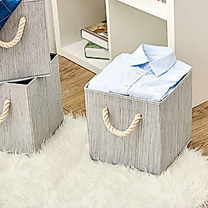 EZOWare Set of 8 Bamboo Fabric Storage Bins with Cotton Rope Handle for Nursery Toys, Gray + Beige