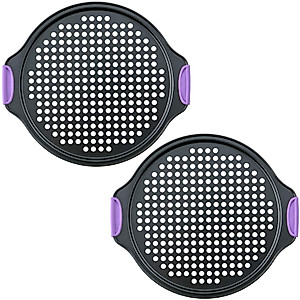 Amazing Abby - Chef Stacy - 2-Pack 13-Inch Non-Stick Pizza Pan with Holes, Perforated Pizza Crisper with Heat-Resistant Silicone Handle Grips, Oven-Safe Bakeware, Carbon Steel Baking Pan for Oven