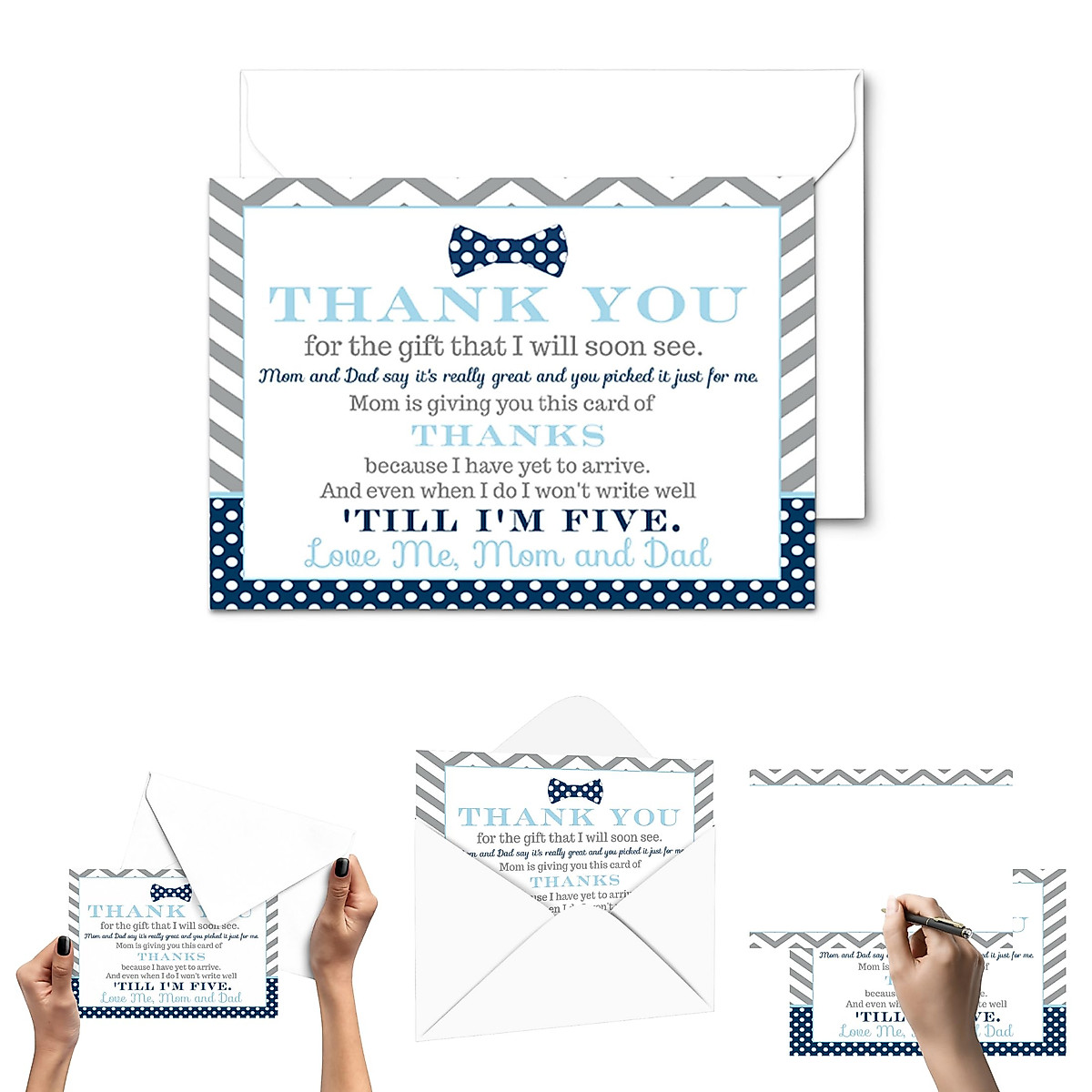 Paper Clever Party 25 Bow Tie Baby Thank You Cards Pack – Boys Baby Shower Notes with Envelopes, Prefilled Message, Customizable Blank Stationery, Adventure Theme, New Parents Gift Ideas