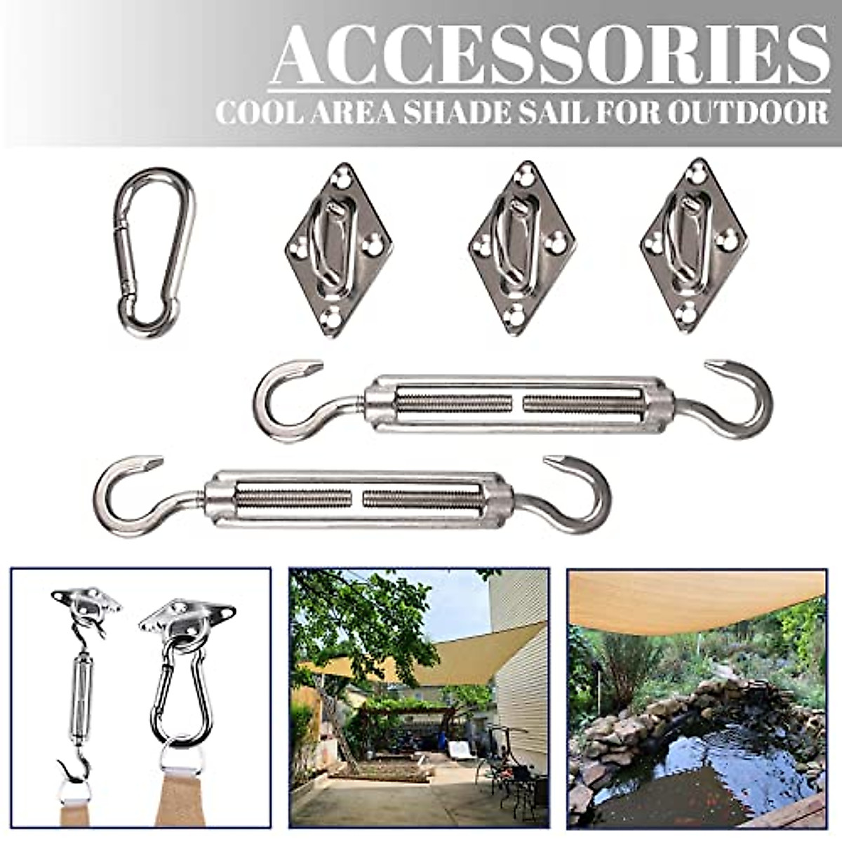 Cool Area 8 Inch Stainless Steel Hardware Kit for Triangle Sun Shade Sail Installation, Turnbuckle x2 Pad Eye x3 Snap Hook x1