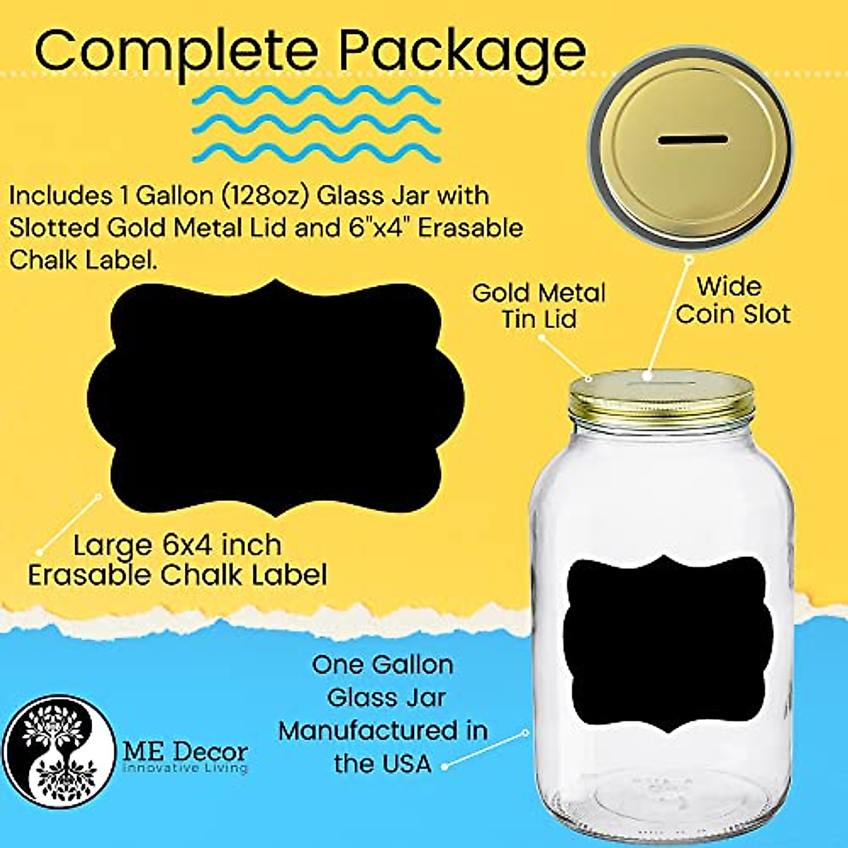 Large Coin Bank Jar for Adults - Giant One Gallon Glass Piggy Bank for Adults with Gold Slotted Metal Lid, Clear Tip jar for Money, Coin Jar for Adults, Money jar for Adults, Raffle Ticket Holder