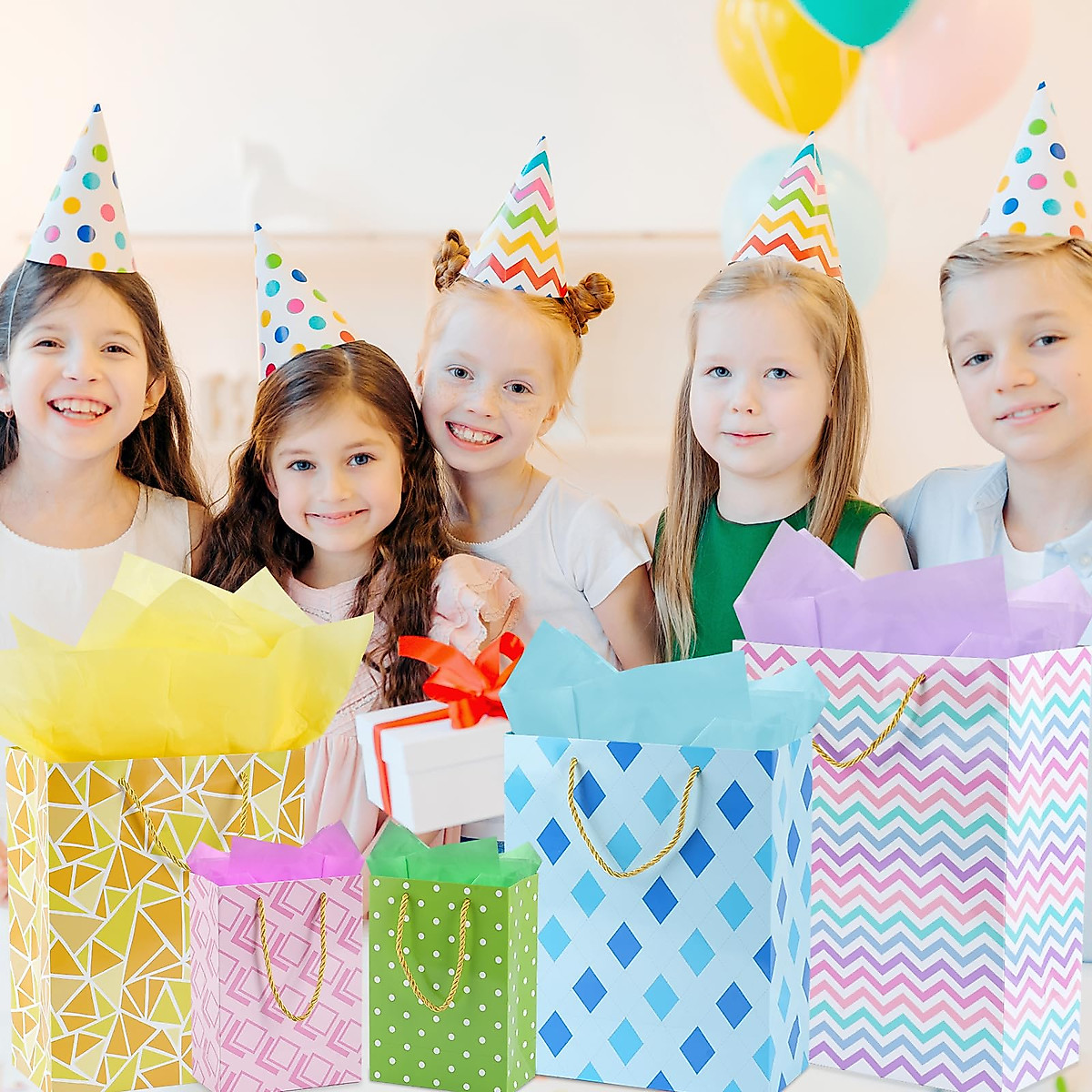 Moretoes 12 Pack Gift Bags Assorted Sizes and Designs, Gift Bag Set with Handle and Tissue Paper for Birthday, Baby Showers, Wedding, Valentine's Day (4 Small 8", 4 Large 13", 4 Extra Large 16")