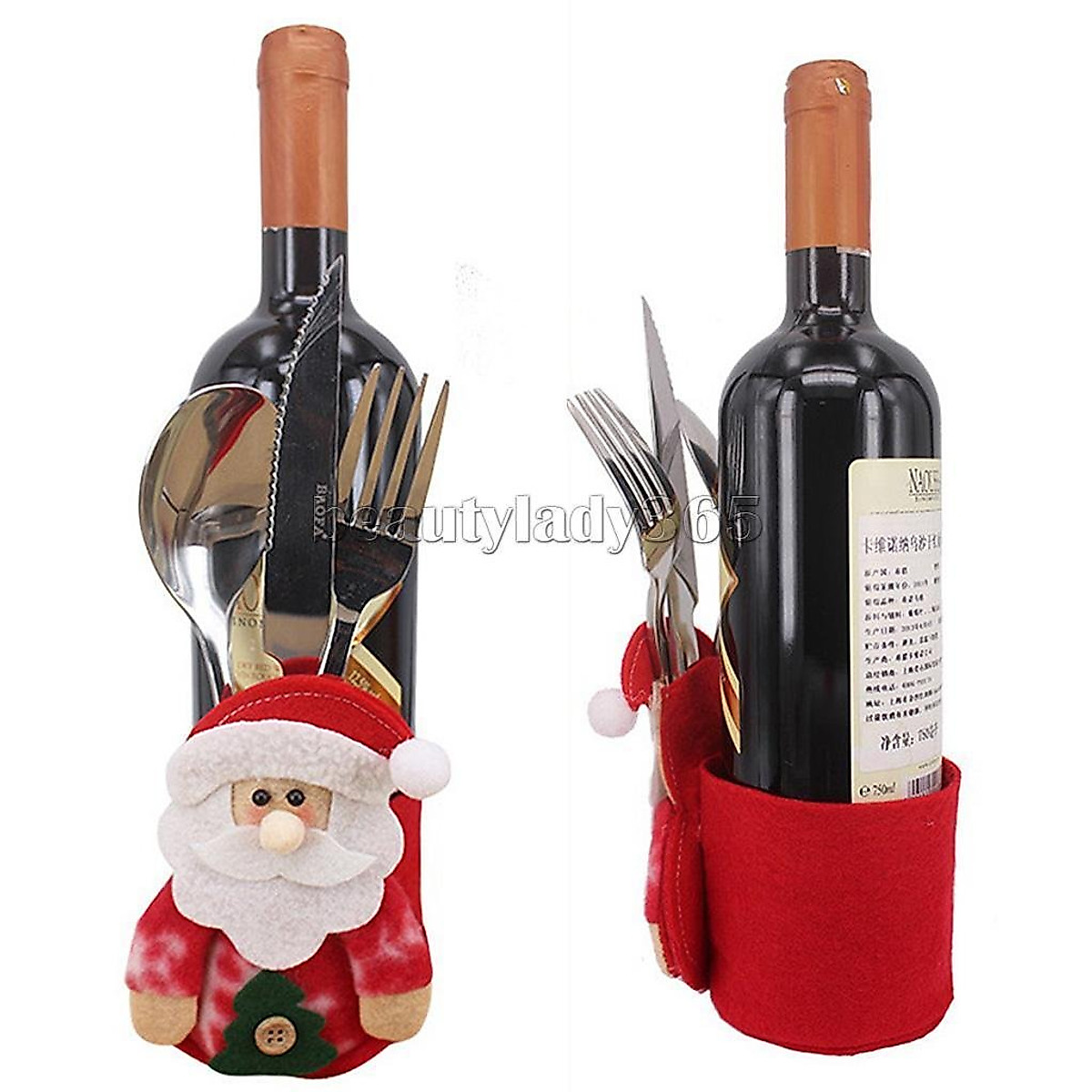 2pc Christmas Tableware Cutlery&Wine Bottle Bag Holder Knife Fork Bag 2-in-1