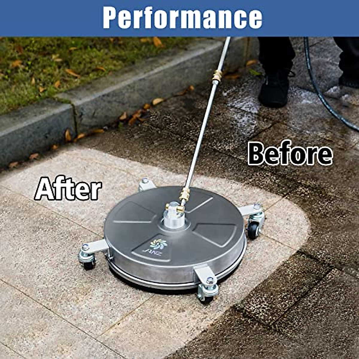 JANZ 16" Pressure Washer Surface Cleaner with 4 Wheels, Stainless Steel Housing, 1/4" Quick Plug, 2 Extension Wand Attachments, 2 Replacement Nozzles and 3 Spray Nozzles, 4000 PSI