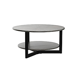 MODERION Round Coffee Table with Storage Shelf, Farmhouse Living Room Cocktail Table with Black Metal Legs, Circular Solid Wood Center Tea/ Sofa Table, 35.3''Dx17.8''H, Brushed Black KFZ1338BK