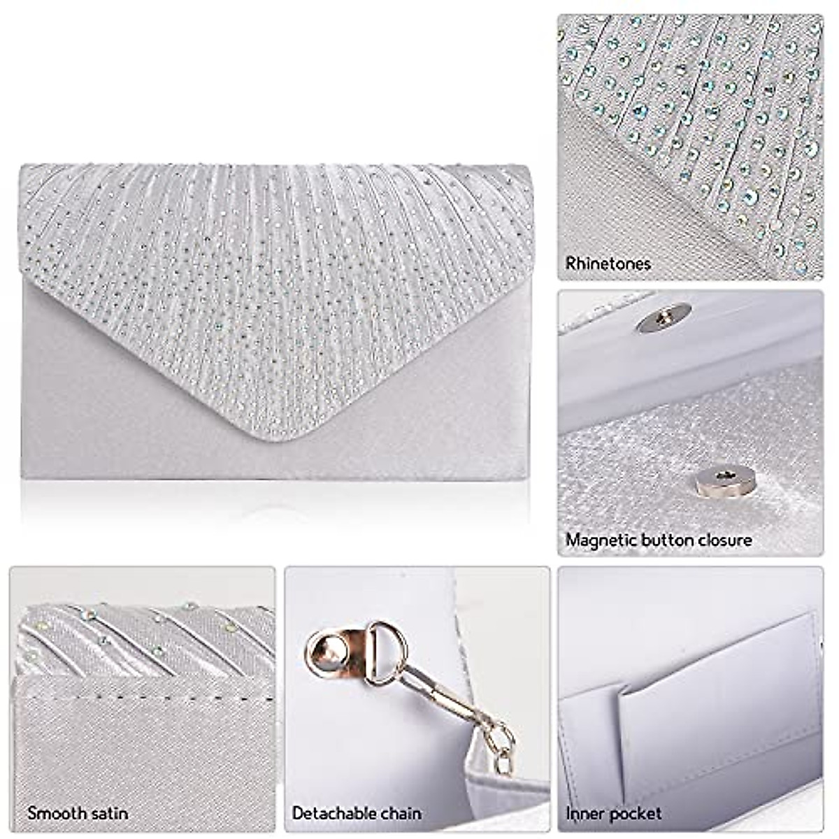BBjinronjy Clutch Purse Evening Bag for Women Prom Sparkling Handbag With Detachable Chain for Wedding and Party (Silver)