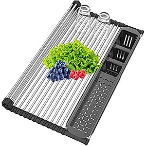 Extra Large Black Expandable Roll Up Dish Drying Rack,Over The Sink Kitchen Rolling up Dish Drainer in Sink, for Kitchen Sink Counter，Foldable Sink Cover with Removable Utensil Holder(13.6"-25.1")