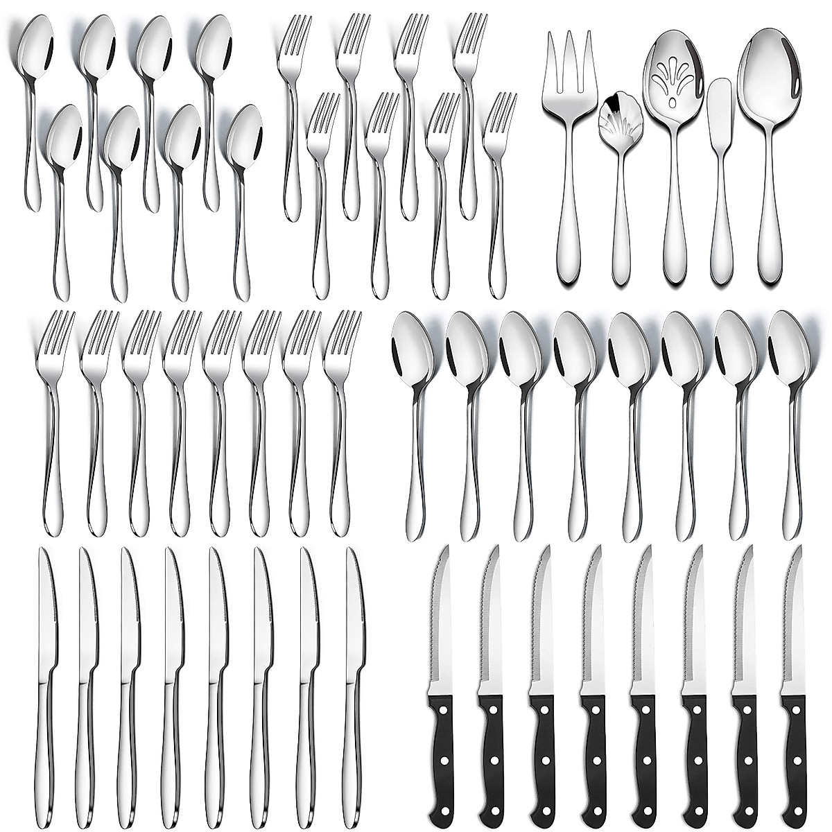 53-Piece Silverware Set with Steak Knives Serving Utensils, E-far Stainless Steel Flatware Cutlery Set for 8, Modern Tableware Eating Utensils for Restaurant Kitchen, Mirror Polished, Dishwasher Safe