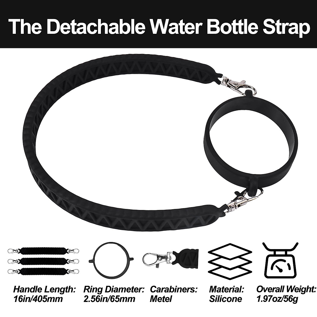 Palksky Water Bottle Strap, Silicone Strap for Water Bottle Sling Handle Waterproof Quick Drying with Safety Ring Carabiner for Most 8-40oz Bottles Compatible with Stanley Cup Accessories Black
