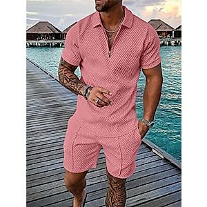 BIRW L Pink Mens Short Sets 2 Piece Outfits Fashion Summer Tracksuits Casual Set Polo Shirt Short Sleeve and Shorts Set