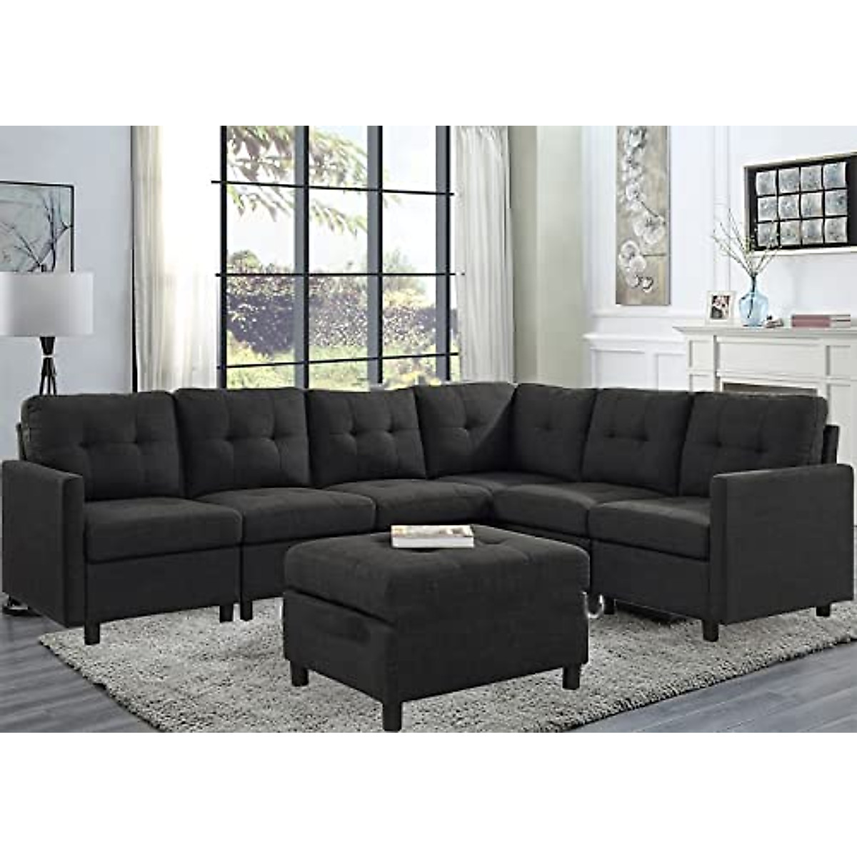 BEEY Modular Sectional Sofa Couches Living Room 6 Seats Corner Sectional Couches L- Shape Sofa Couch with Ottoman Set for Small Apartment,Deep Grey