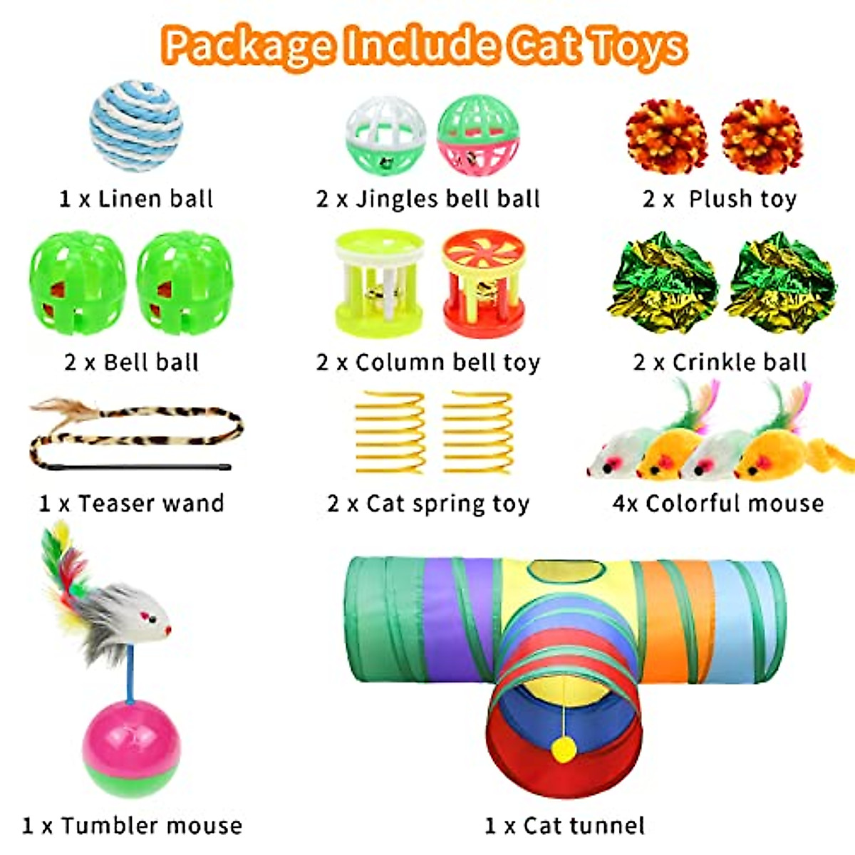 Malier Cat Toys Kitten Toys Set, Collapsible Cat Tunnels for Indoor Cats, Interactive Kitty Toys Cat Feather Toy Fluffy Mouse Crinkle Balls Cat 3 Way Tube Tunnel Toys for Cat Puppy Kitty Kitten