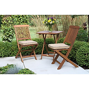 Outdoor Interiors Eucalyptus Wood 3-Piece Square Foldable Bistro Outdoor Furniture Patio Set, Table and 2 Chairs with Cushions, Beige