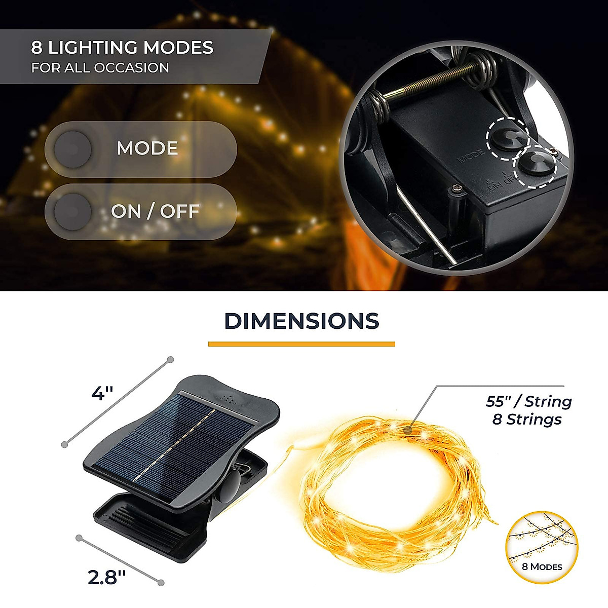 VOOKRY Solar Umbrella Lights Outdoor, Waterproof Solar Powered Patio Umbrella Lights Cordless 8 Modes LED Umbrella Patio Lights for Beach Tent Camping Garden Party Decoration(Warm White)