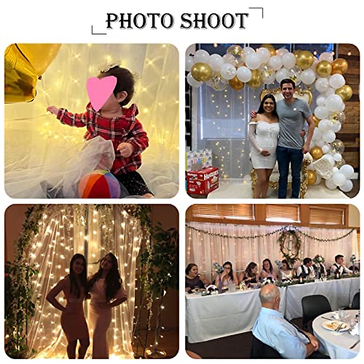 White Backdrop Curtains with Lights String for Wedding Parties 10×10ft Sheer Tulle Backdrop Curtain for Bridal Shower Baby Shower Birthday Party Photo Shoot Background Decorations(2 Panels 10ft×10ft)