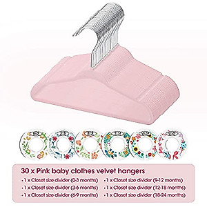 Minnebaby Velvet Baby Hangers 30 Pack, Ultra Thin No Slip Nursery Clothes Hangers with 6 Pcs Cute Clothing Dividers for Baby Boys & Girls Closet Organizer, Pink Kids Hangers