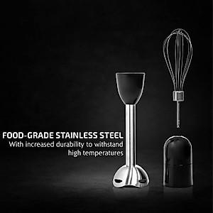 OVENTE Immersion Electric Hand Blender 300 Watt Power 2 Mix Speed with Stainless Steel Blades, Handheld Stick Mixer Set with Egg Whisk Attachment Mixing Beaker and BPA-Free Food Chopper, Black HS565B