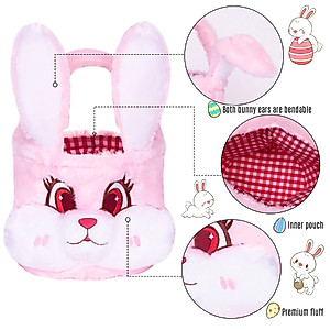 Bunny Easter Basket for Kids, 3D Cute Plush Empty Bucket with Foldable Ears and Handle Egg Hunt Tote Candy Bag Basket for Boy Girl Teens Gift, Easter Basket Decor Pink