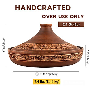Handmade Red Clay Stoneware Tajine. Engobe Décor, Tajine with Ceramic Cone-Shaped Closed Lid, Tagines Pots With Pre Seasoned Cast Iron Diffuser, Caribbean One-Pot Tajine Cooking, Cookware Gift (Red 2.1 Qt)