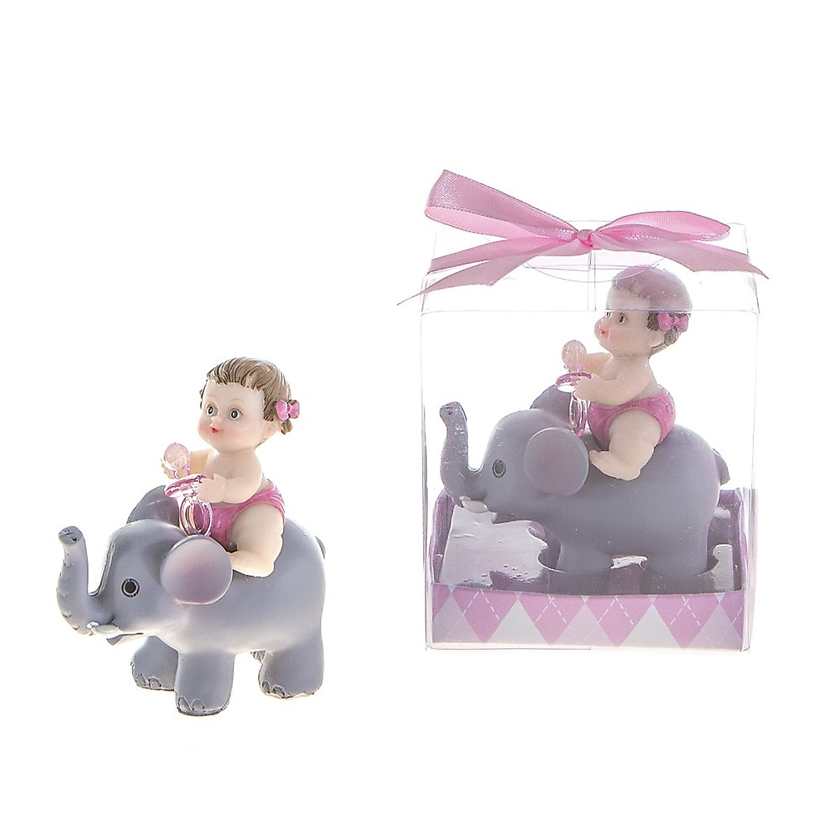 Lunaura Baby Keepsake - Set of 12 "Girl" Baby Holding Pacifier Sitting on Elephant Favors - Pink
