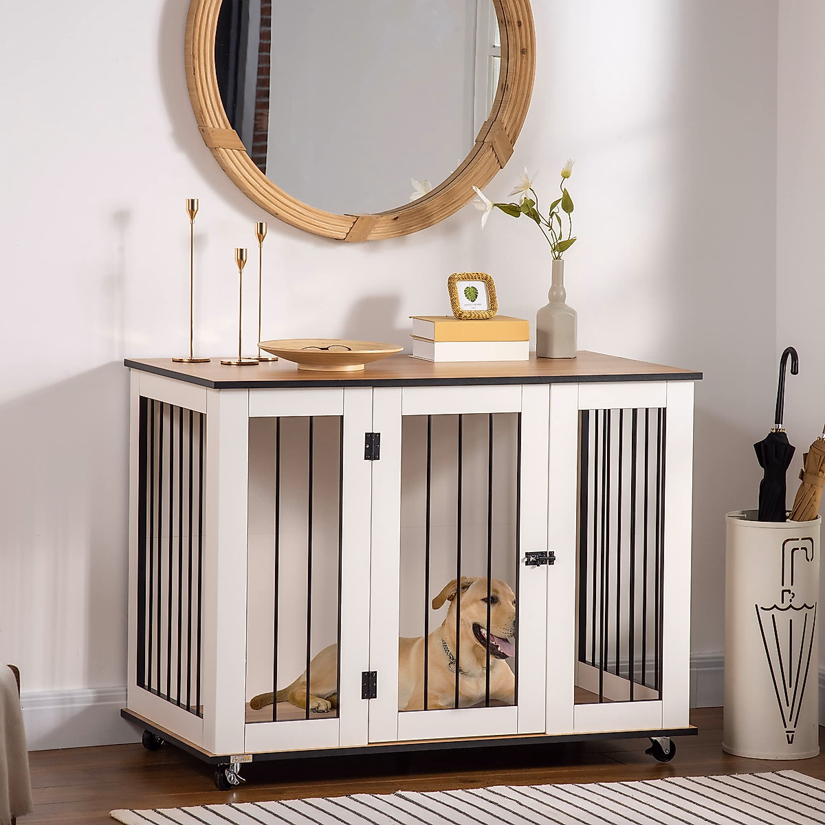 PawHut Large Dog Crate Furniture on Wheels, Dog Crate End Table Indoor with Lockable Door for Large Dogs, 42" W x 23.5" D x 32" H, White