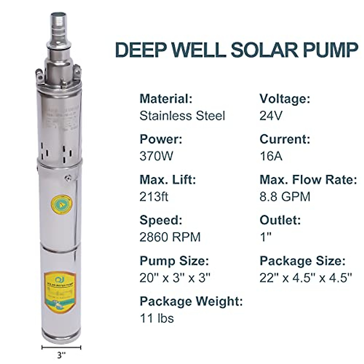 Submersible Deep Well Pump Solar Water Pump DC 24V 370W Stainless Steel Screw Pump, 213ft Lift 8.8GPM Flow, Agricultural Irrigation Pump Solar Water Circulating System