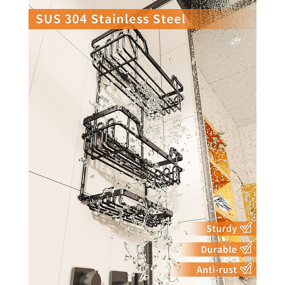 SWTYMIKI 3 Tier Rustproof Hanging Shower Caddy with 16 Hooks & Dual Soap Holder, Large Capacity Over Shower Organizer for Bathroom Shower Room, Black