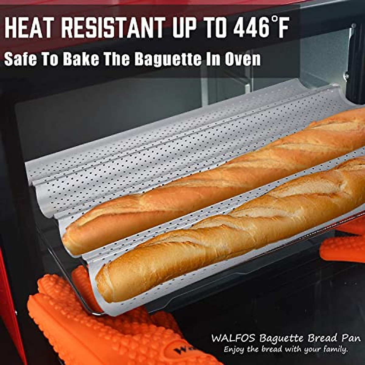 Walfos Non-stick Perforated French Baguette Bread Pan with Professional Proofing Cloth, 15"X 13" French Bread Baking Pan, 4 Wave Loaves Loaf Bake Mold Toast Perforated Bakers Molding