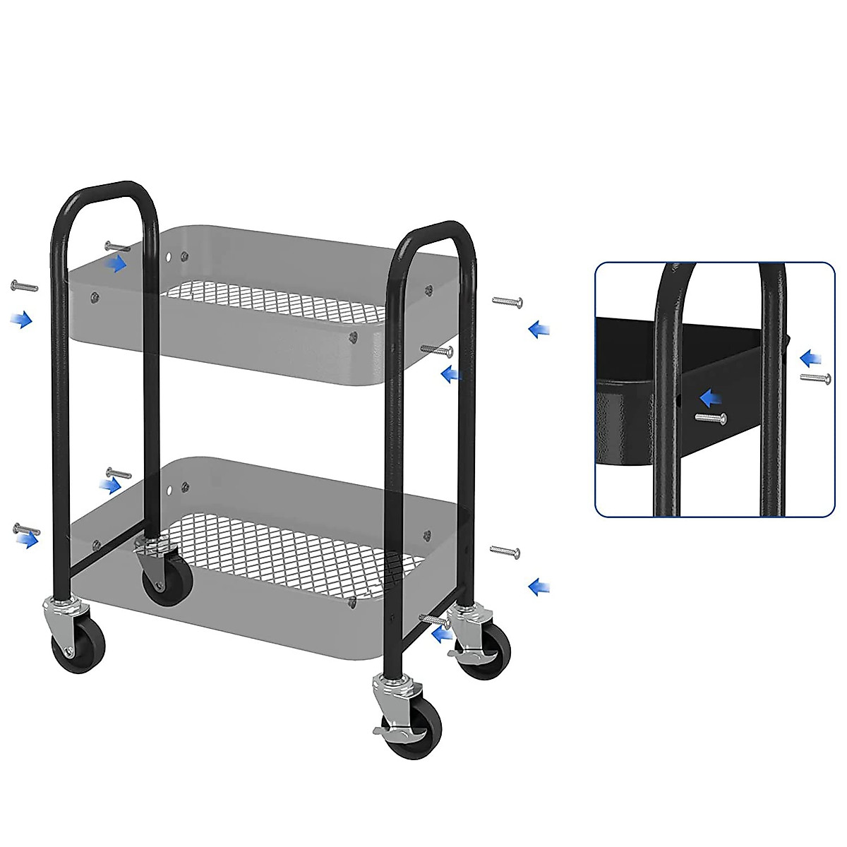 2-Tier Rolling Utility Cart with Handle,Mobile Metal Mesh Trolley with Wire Basket Shelving,Organizer Trolley with Lockable Wheels,Multifunctional Storage cart for Office Kitchen Bathroom,Black