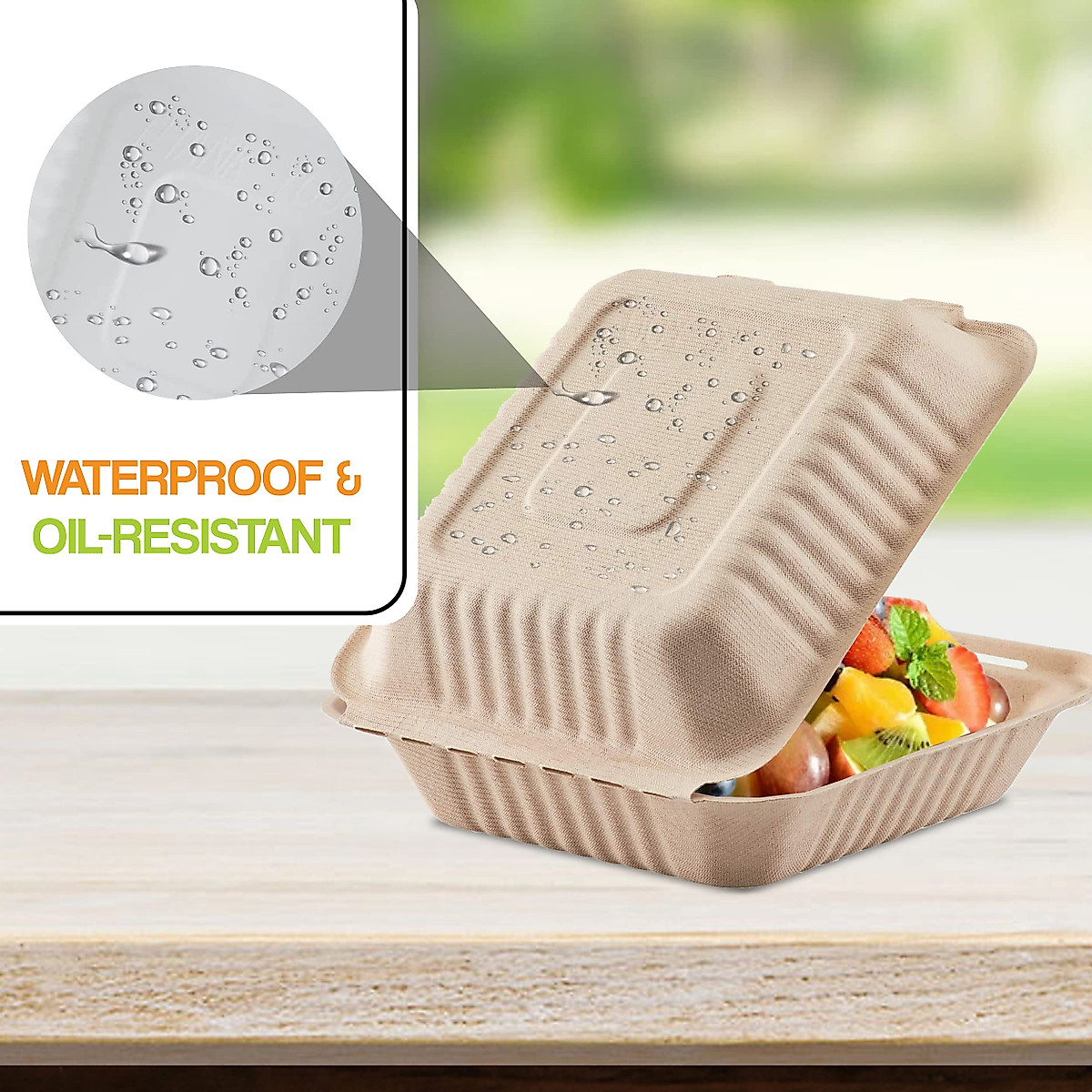 Raj Eco To Go Containers Compostable Clamshell Disposable, [8x8" 50-Pack] Take out Box With Hinged Lids, Meal-Prep, Eco Friendly, Biodegradable, food container made of sugar cane Bagasse BROWN