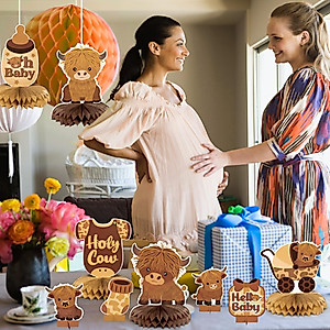 12Pcs Highland Cow Honeycomb Centerpieces Brown Highland Cattle Baby Shower Party Table Decorations Holy Cow Gender Reveal Cutouts Welcome Baby Party Table Toppers Photo Props Decor for Baby