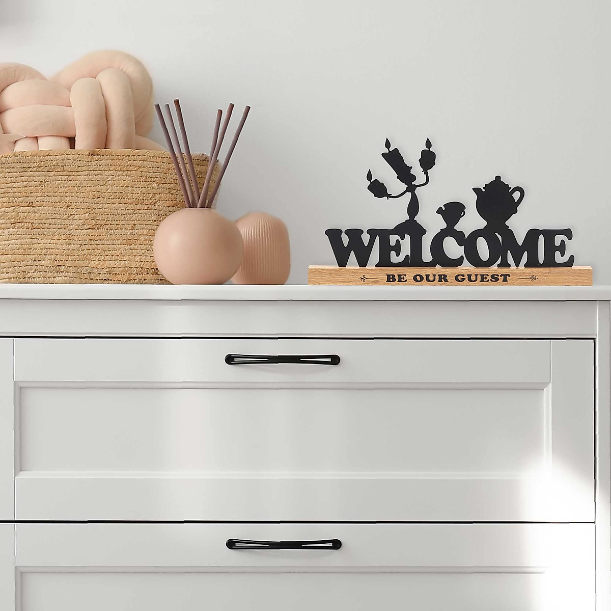 Disney Beauty and the Beast Welcome Be Our Guest Tabletop Decor - Lumiere, Chip, and Mrs. Potts Metal Silhouettes on Natural Wood Base