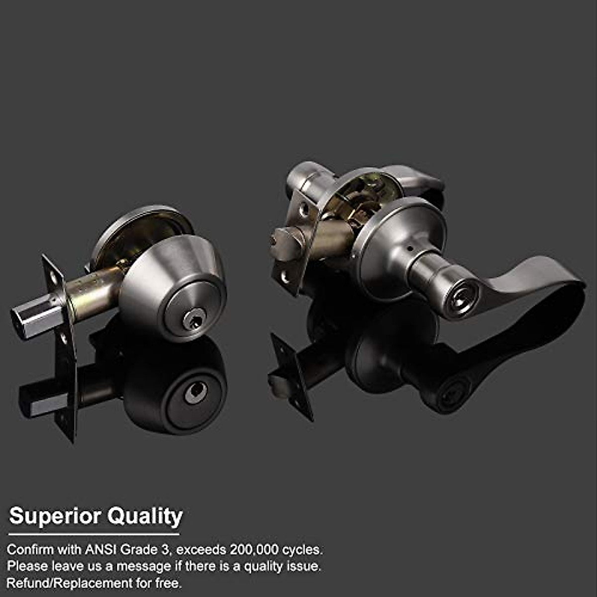 Knobonly 4 Pack Front Door Entry Lever Lockset and Double Cylinder Deadbolt Combination Set, Satin Nickel- All Keyed Alike(Same Keys)