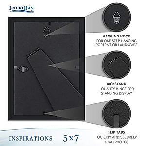 Icona Bay 5x7 Picture Frames (Black, 6 Pack), Beautifully Detailed Molding, Contemporary Picture Frame Set, Wall Mount or Table Top, Inspirations Collection