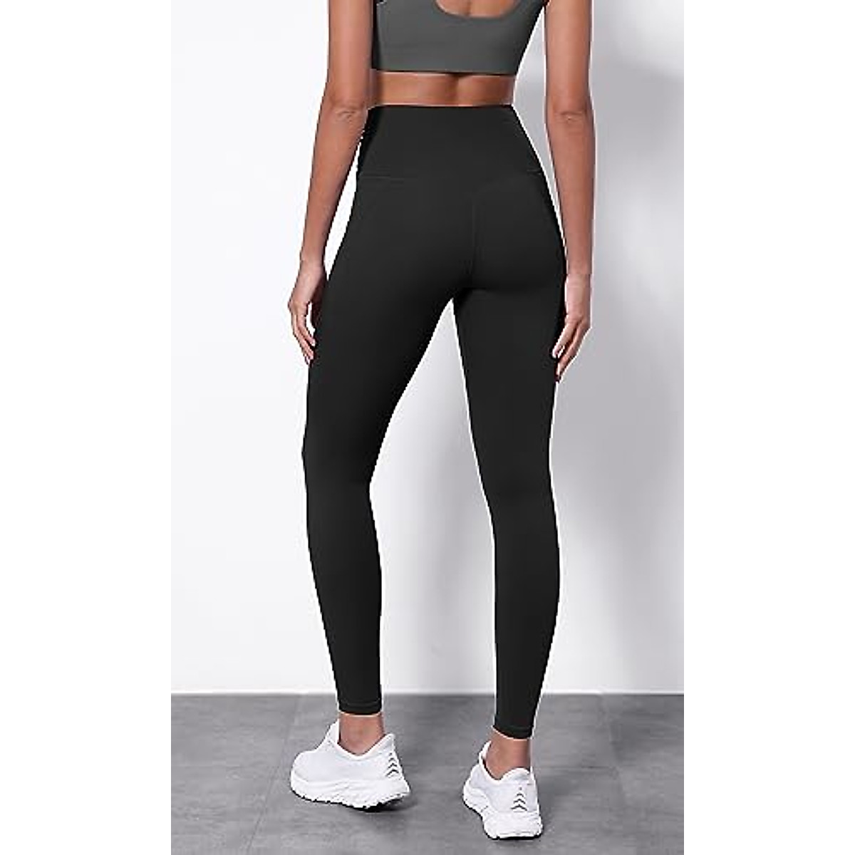 ODODOS Women's Cross Waist Full Length Yoga Leggings with Pockets, Inseam 28" Gathered Crossover Workout Yoga Pants, Black, Medium