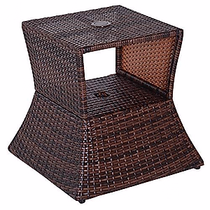 Outsunny Rattan Wicker Side Table with Umbrella Hole, 2 Tier Storage Shelf for All Weather for Outdoor, Patio, Garden, Backyard, Mixed Grey